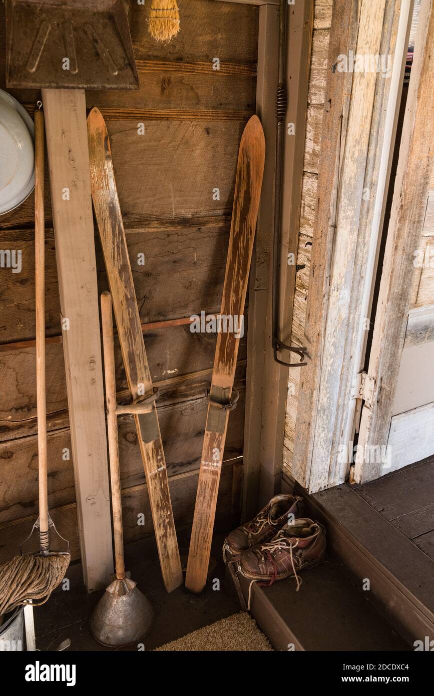 Vintage wooden skis and leather boots donated to the Henry schoolhouse ...