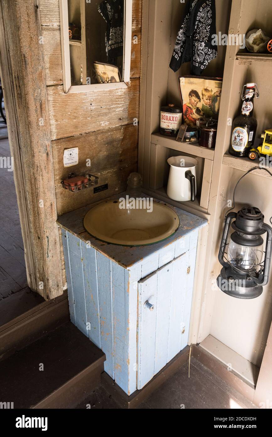 The washroom with vintage memorabilia donated to the Henry schoolhouse ...