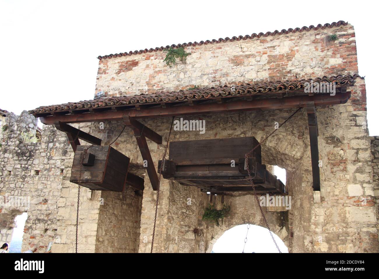 Stone wall with merlons and drawbridge gate of medieval castle of ...