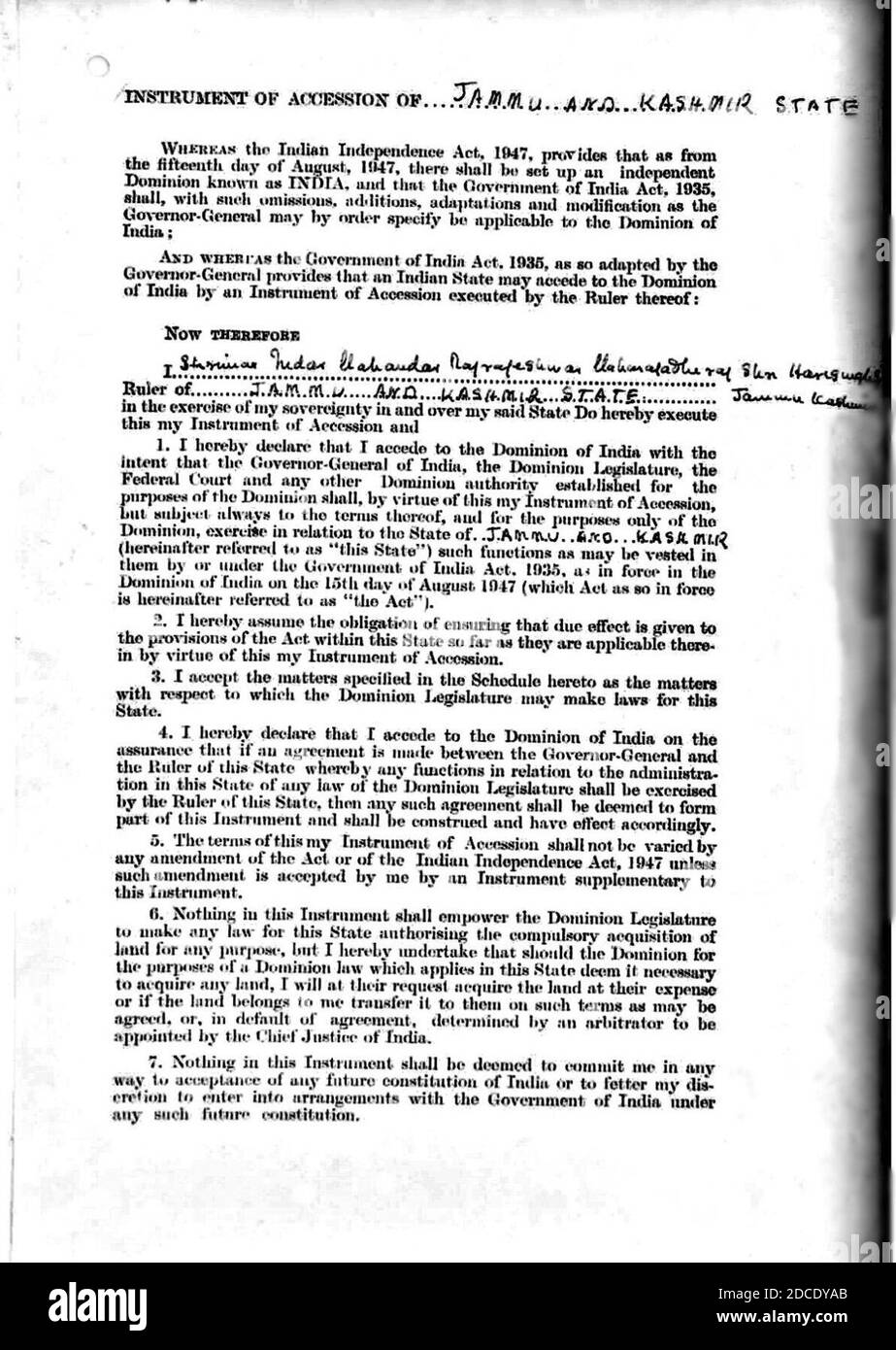 Kashmir Accession document side 1 Stock Photo - Alamy