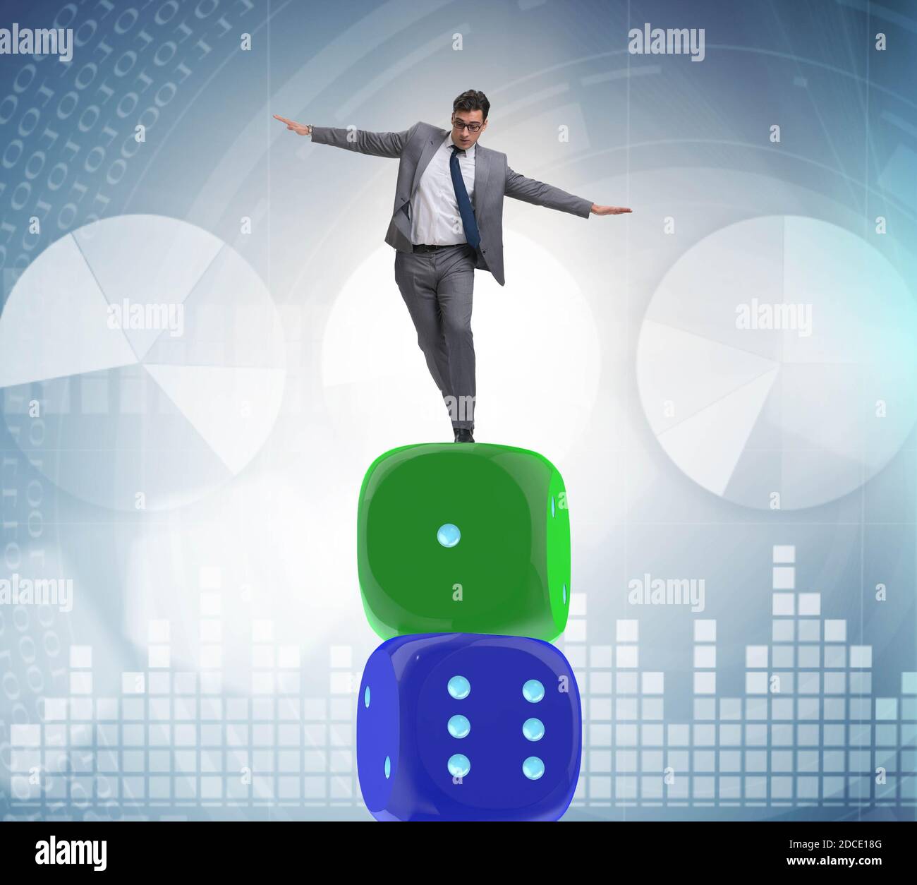 Businessman balancing on top of dice stack in uncertainty concept Stock ...