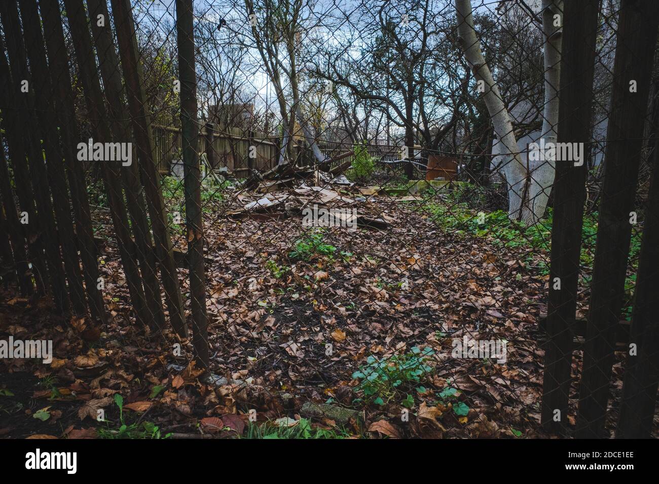 Mess in the garden, piece of wooden fence is broken Stock Photo - Alamy