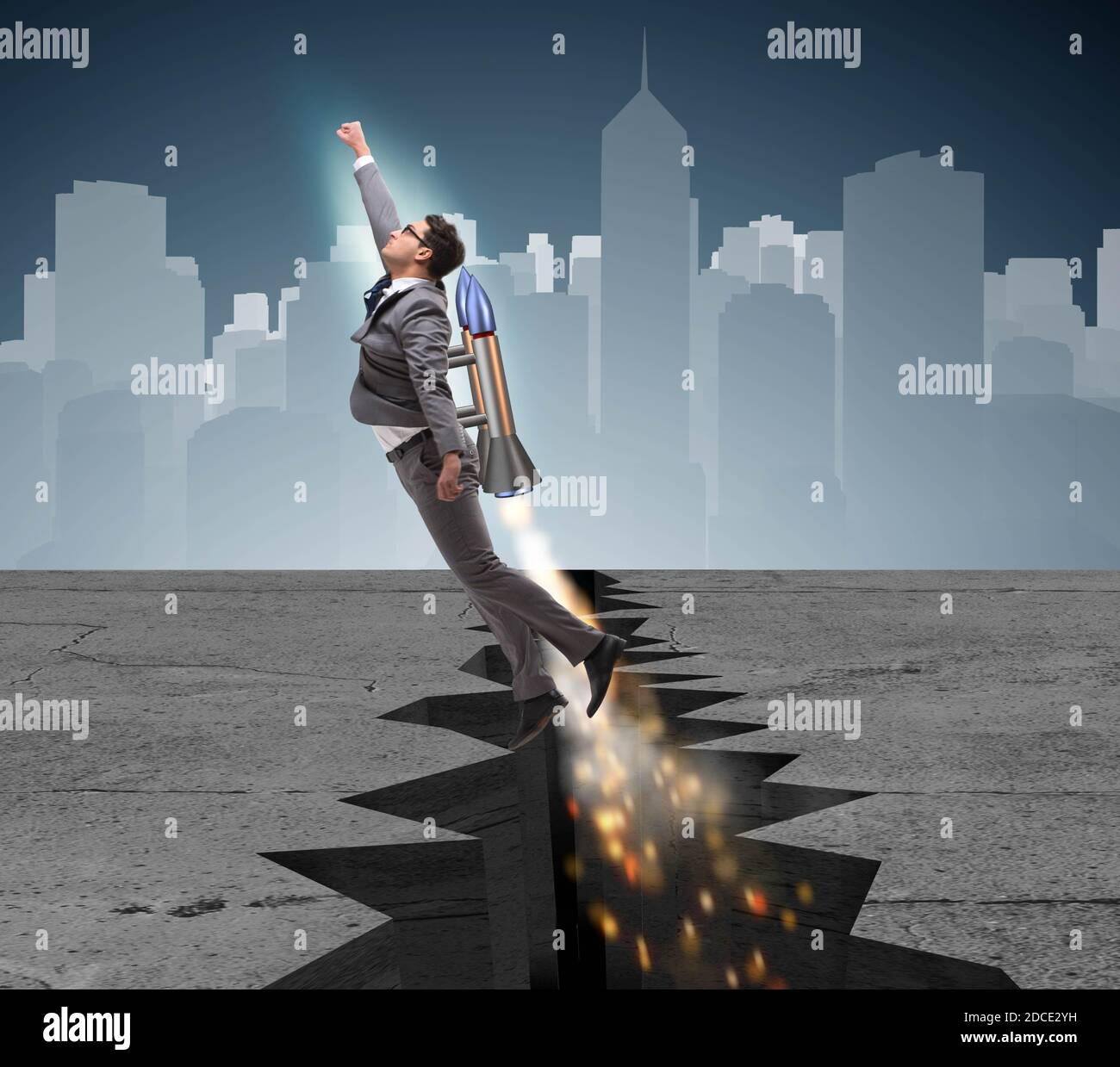 The businessman flying on rocket from rock gap Stock Photo - Alamy