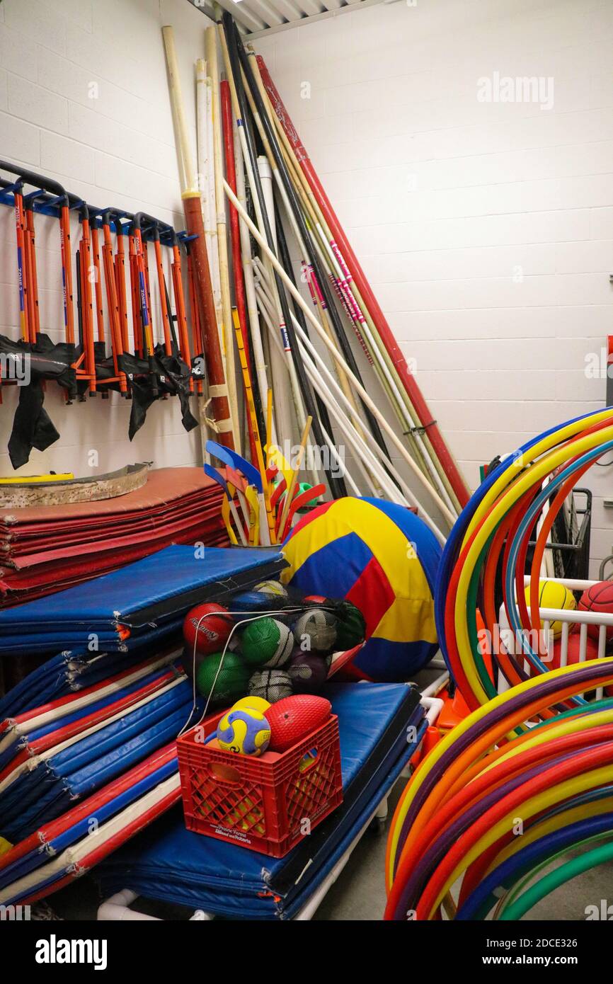 Colorful odds and ends of activity things in a school storage room ...