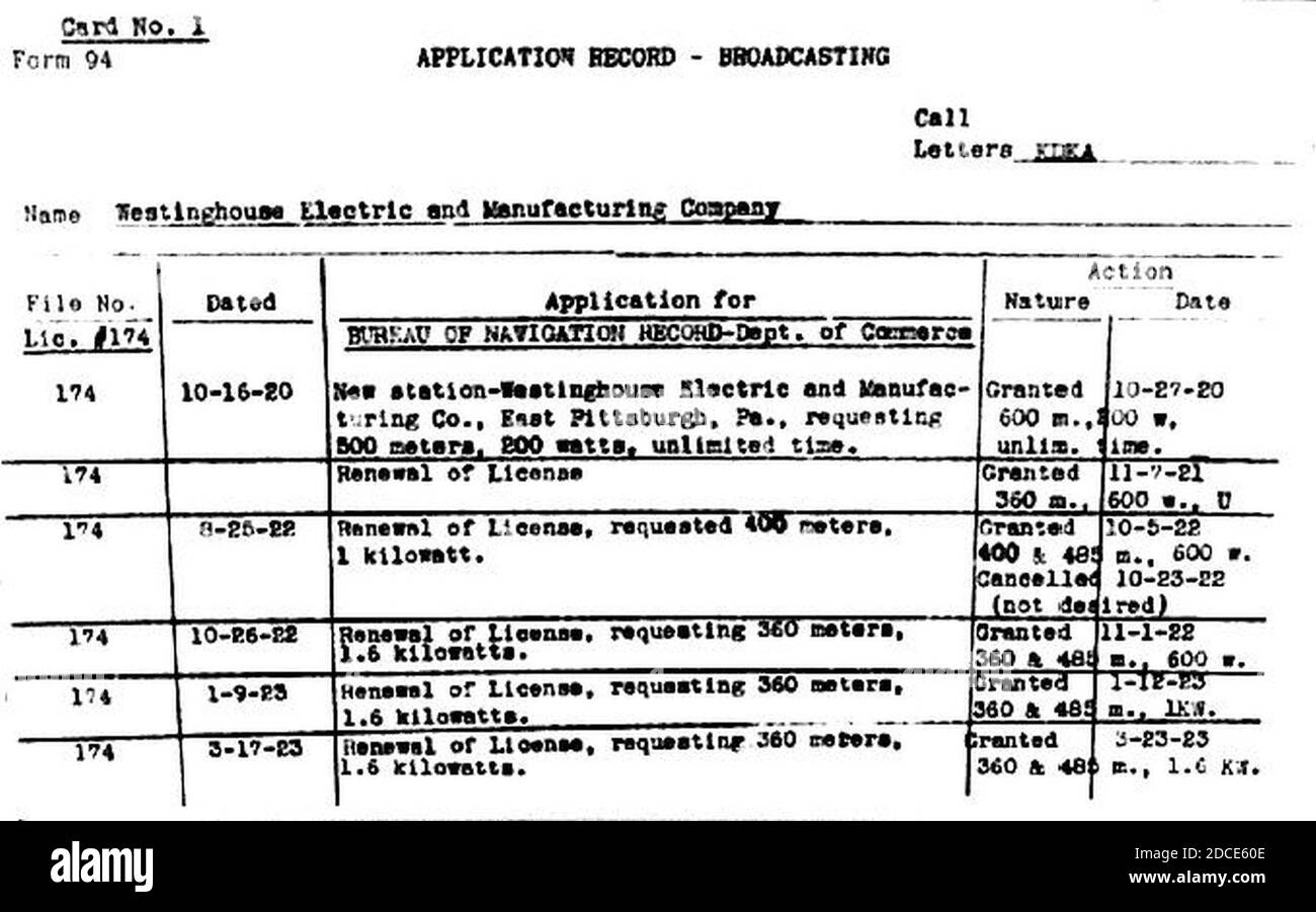 KDKA FCC History Card application record card number 1 Stock Photo - Alamy