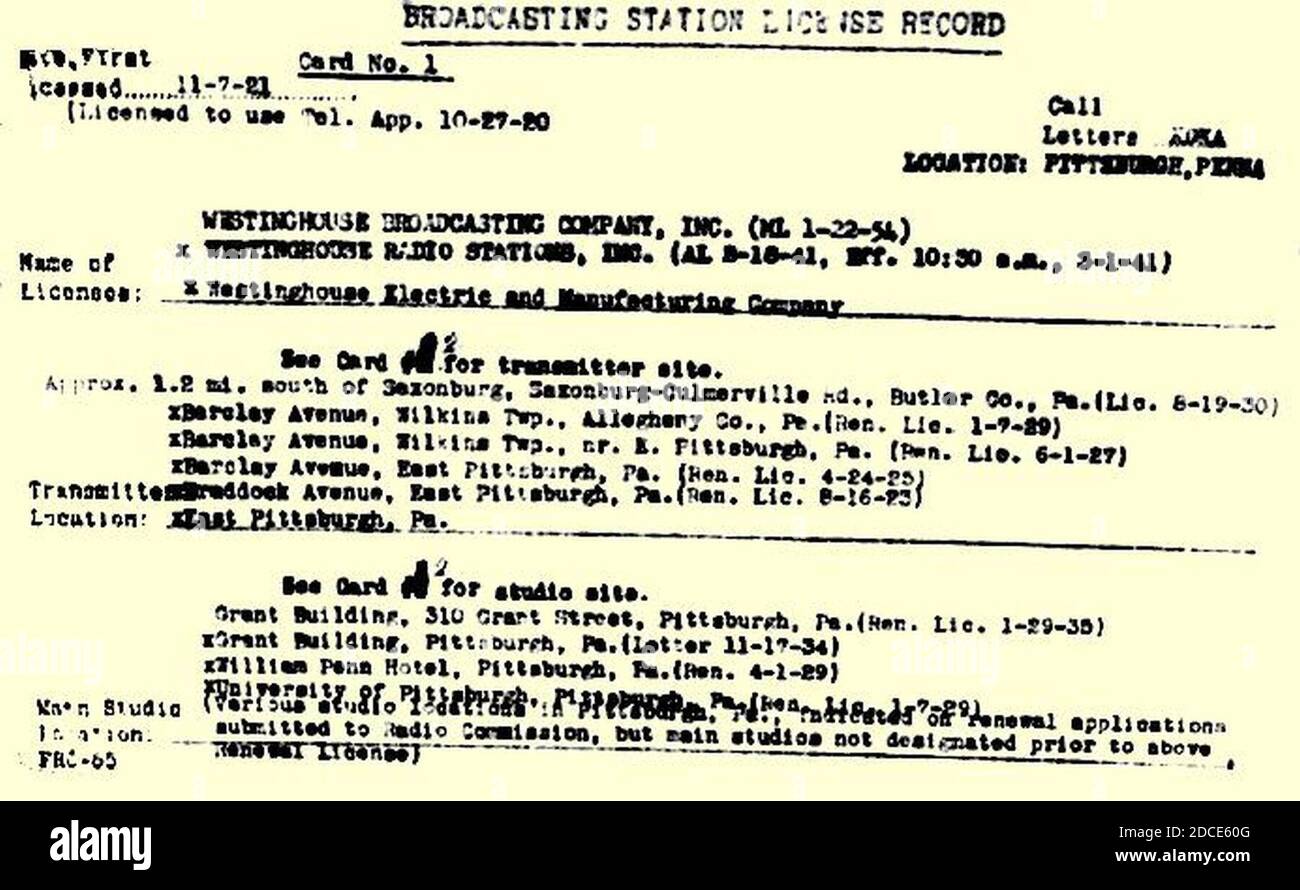 KDKA FCC History Card license record card number 1 (front Stock Photo ...