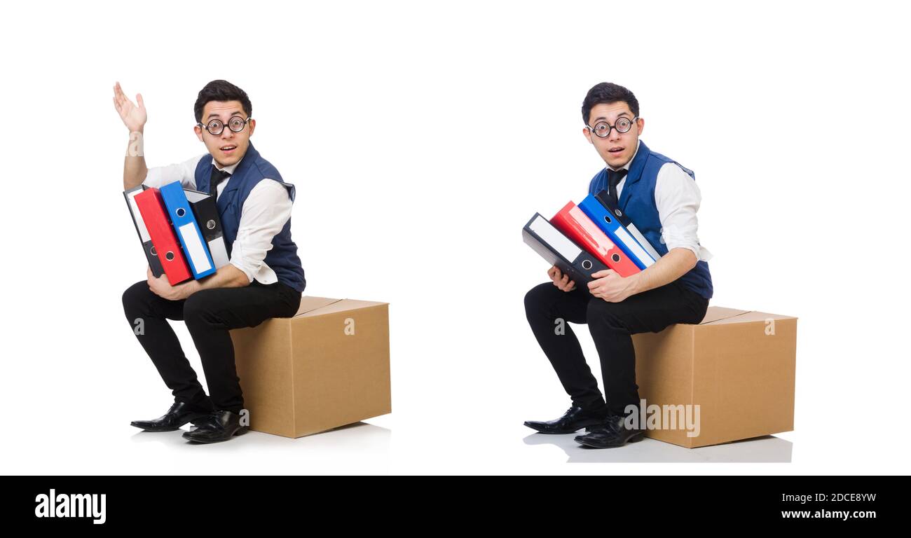 The young employee sitting on the box isolated on white Stock Photo - Alamy