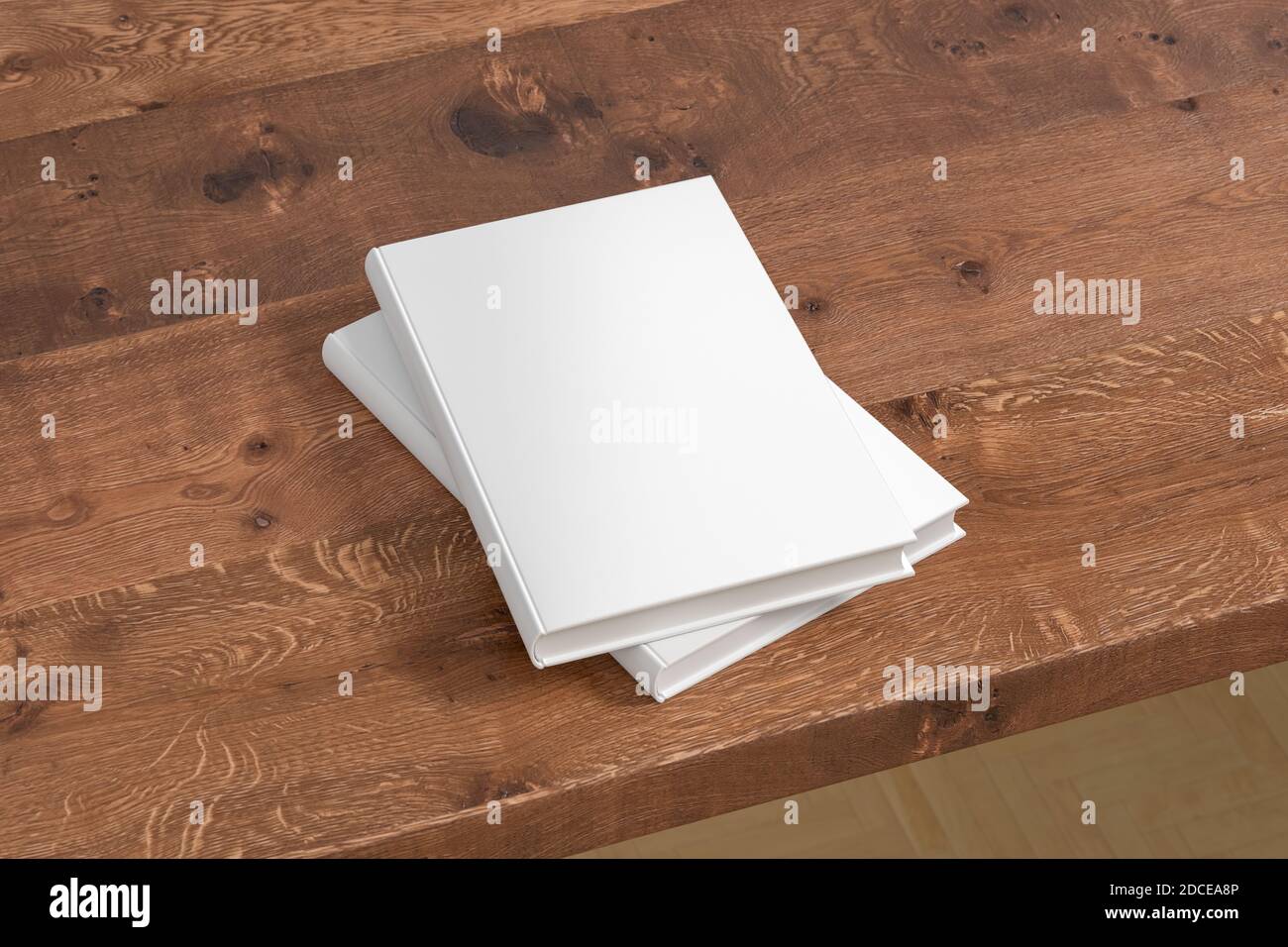 Vertical white hardcover book stack mockup on the wooden table Stock ...