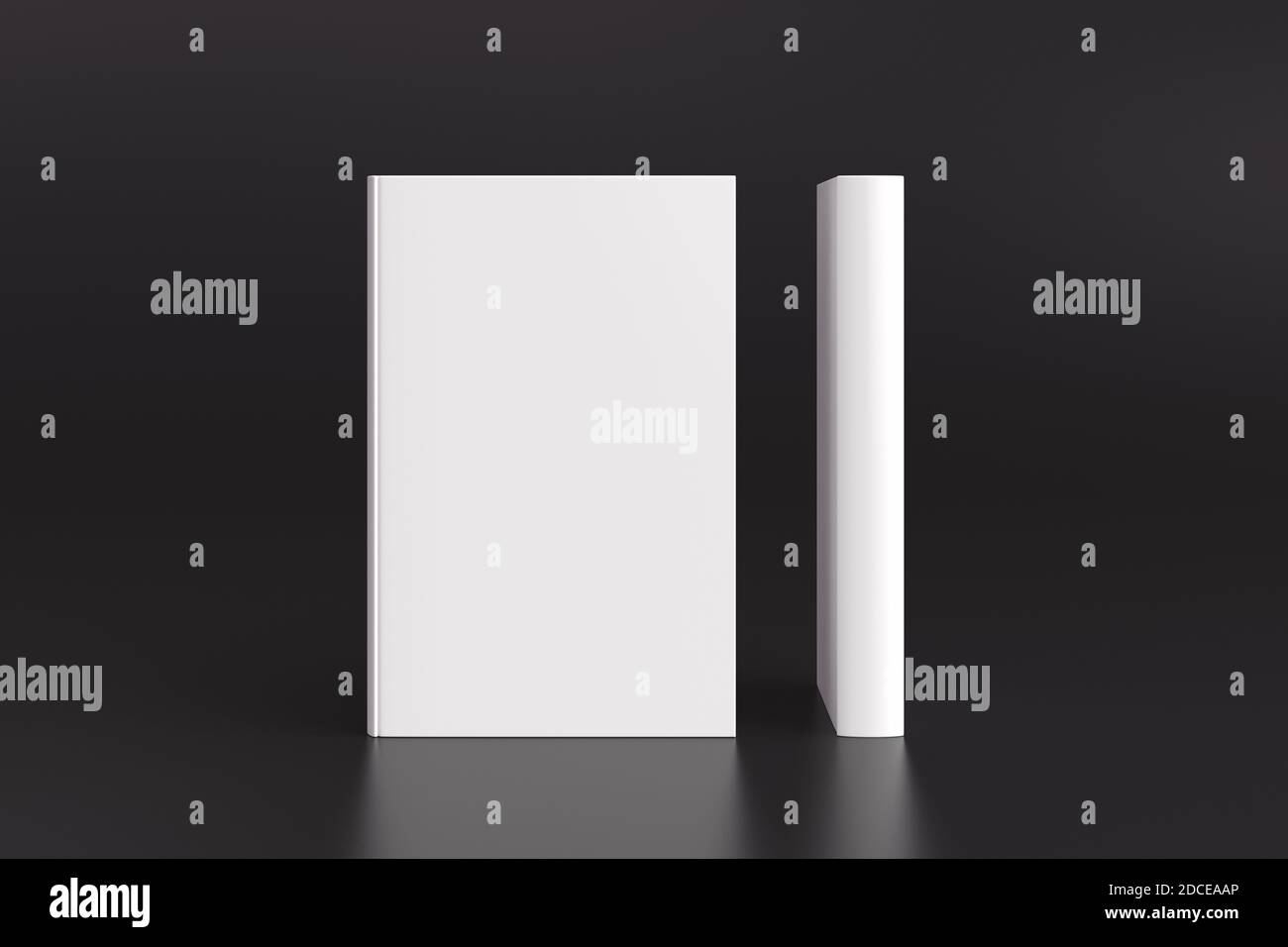 Two hardcover vertical white mockup books standing on the black ...