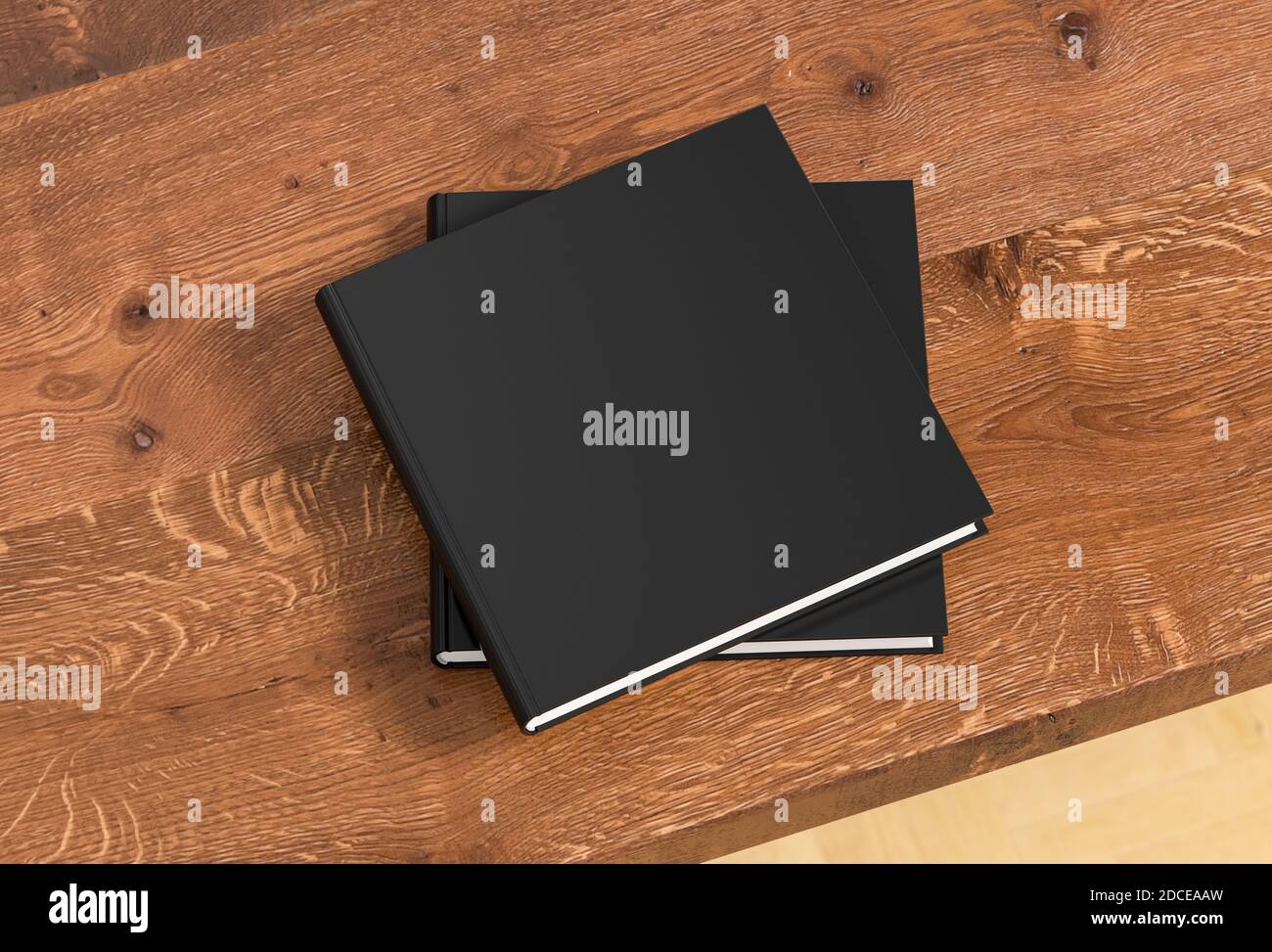 Square black hardcover book stack mockup on the wooden table Stock ...