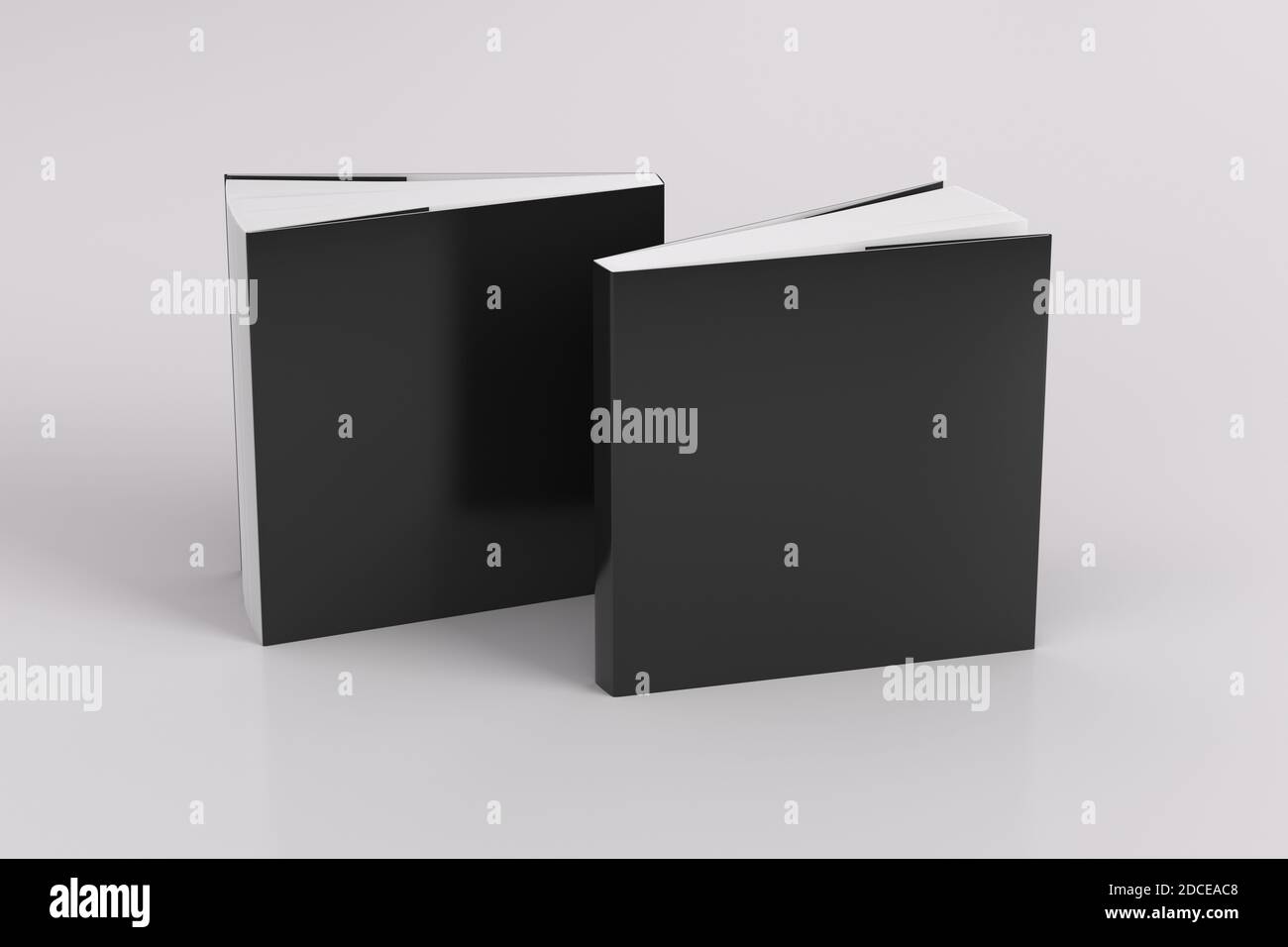 Two softcover or paperback square black mockup books standing on the ...