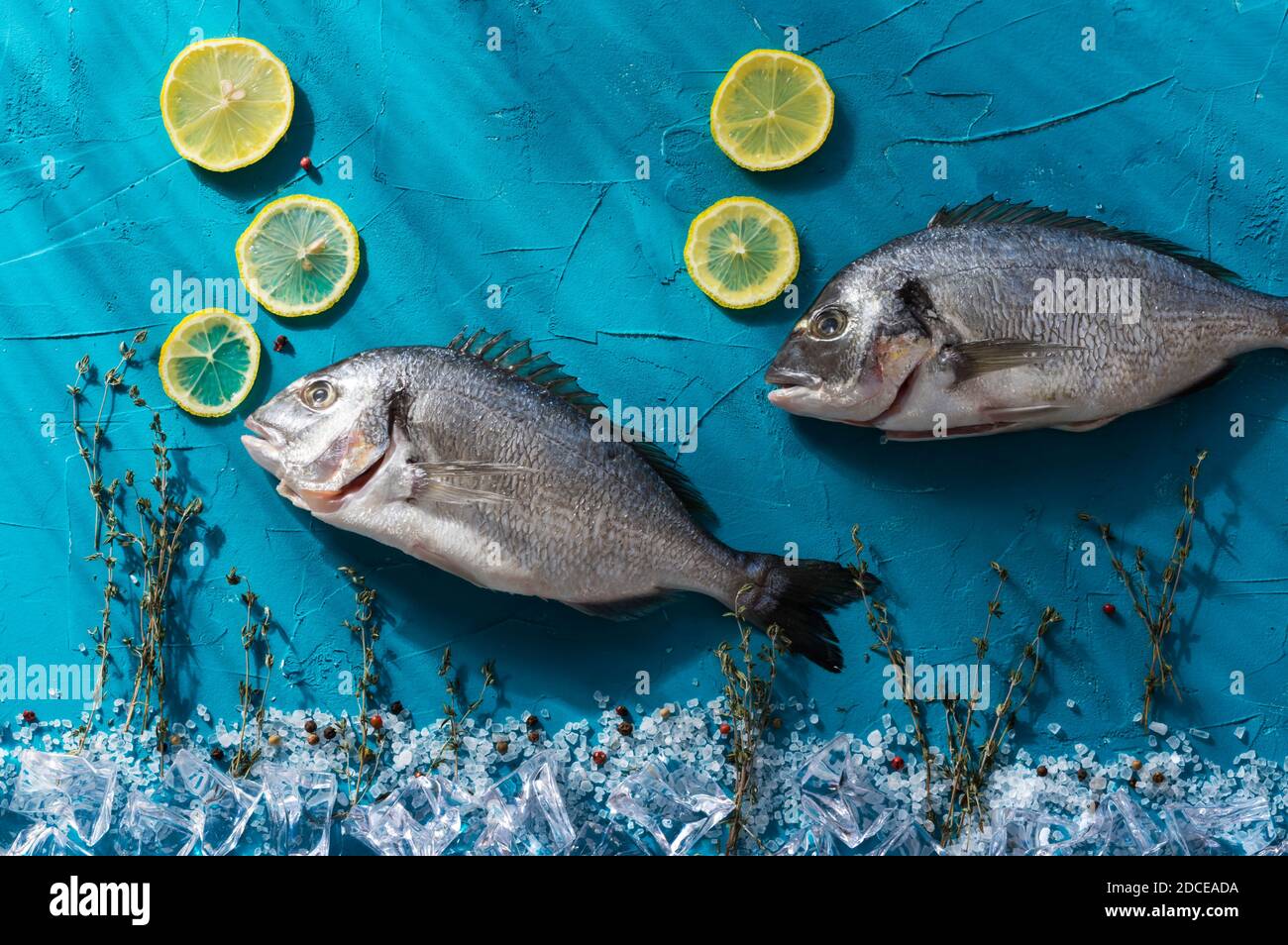 Concept scene of fresh raw sea bream fish decorated with lemon slices ...