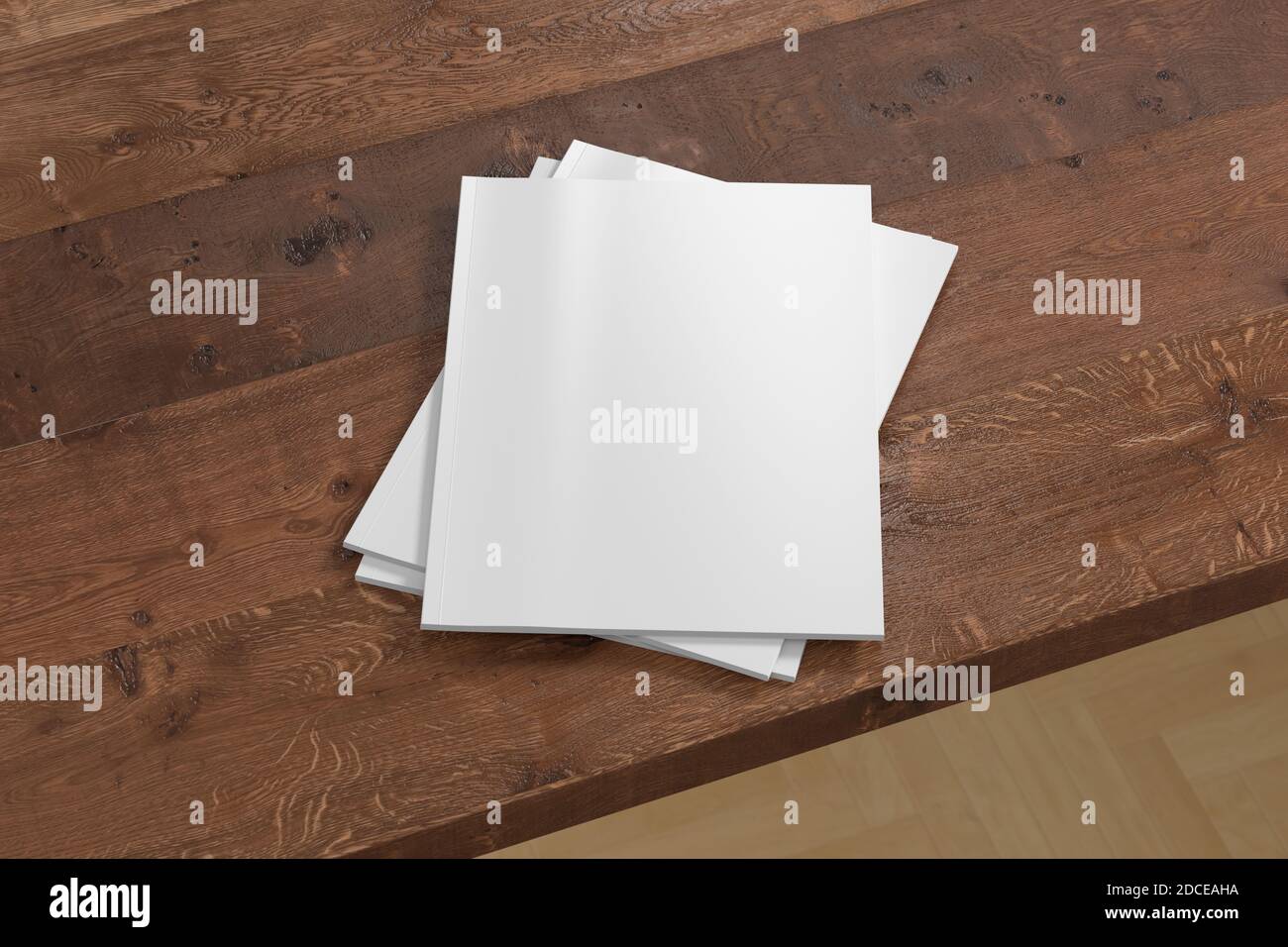 Vertical white magazine or brochure stack mockup on wooden table Stock ...