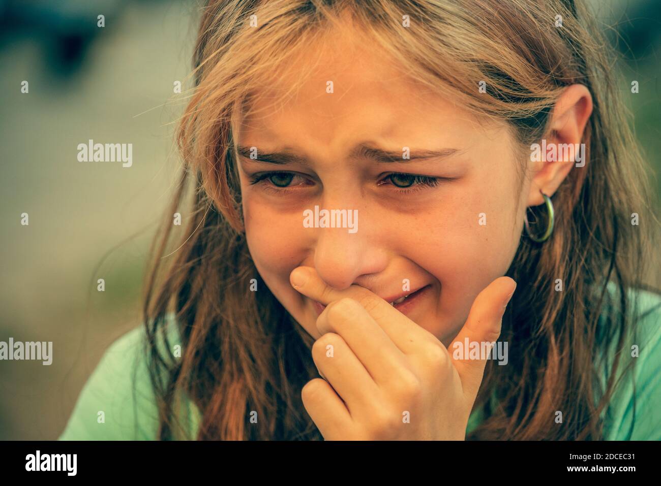Closeup portrait of young crying girl with tears. Teenage girl with sad ...