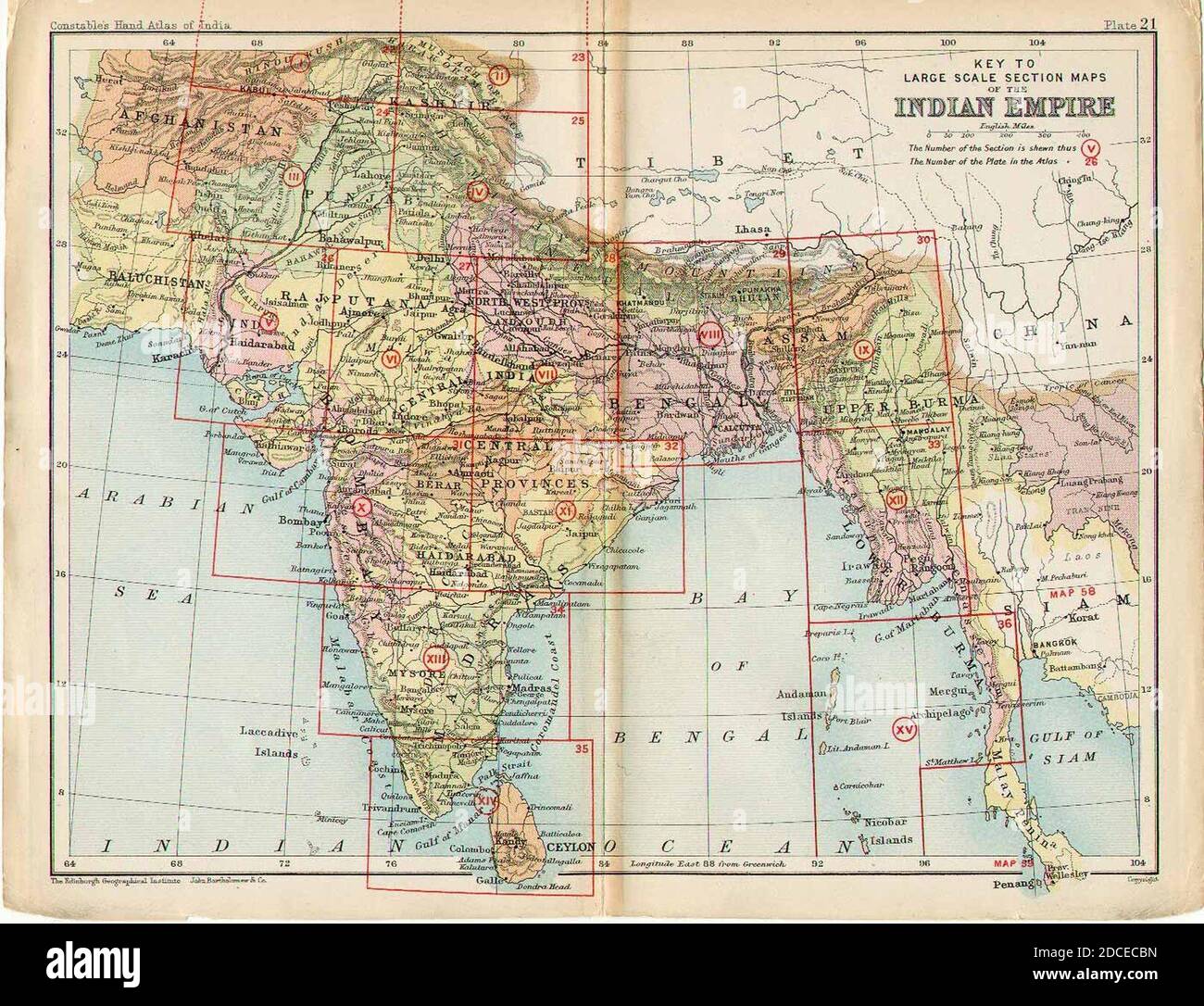 Key to Section maps, plates 22 to 36, of the Indian Empire Stock Photo ...