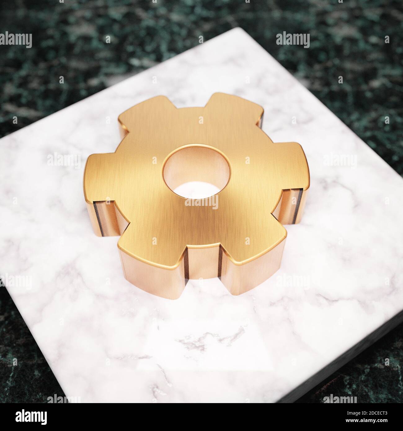 Cog Wheel icon. Bronze Cog Wheel symbol on white marble podium. Icon ...