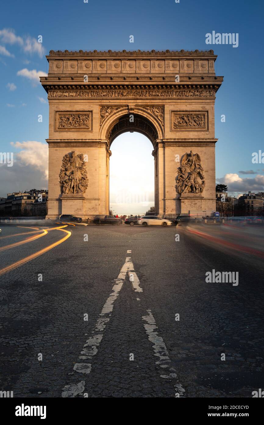 Champs-Elysees, main avenue at Paris, France seen from the top roof ...