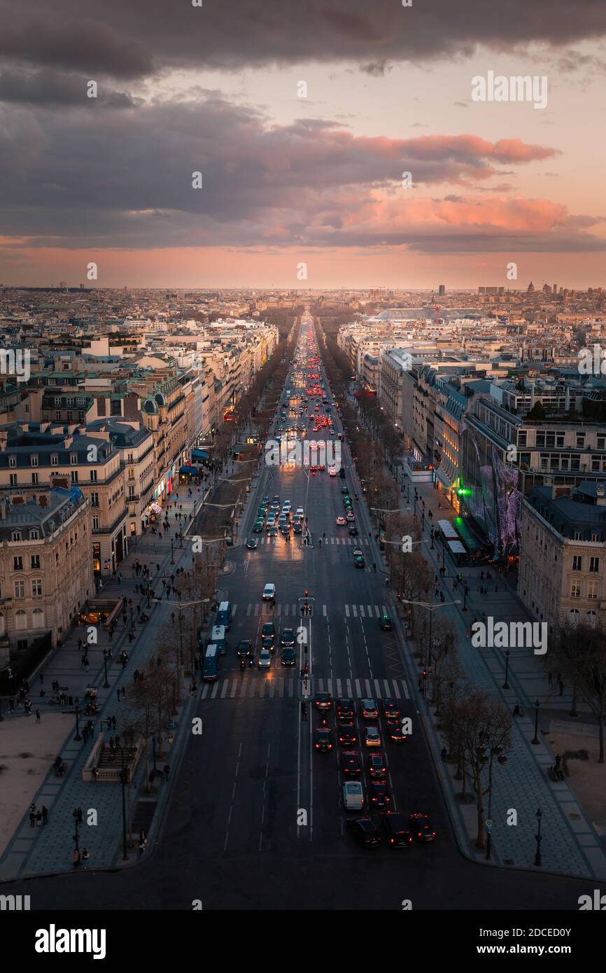 Champs-Elysees, main avenue at Paris, France seen from the top roof ...