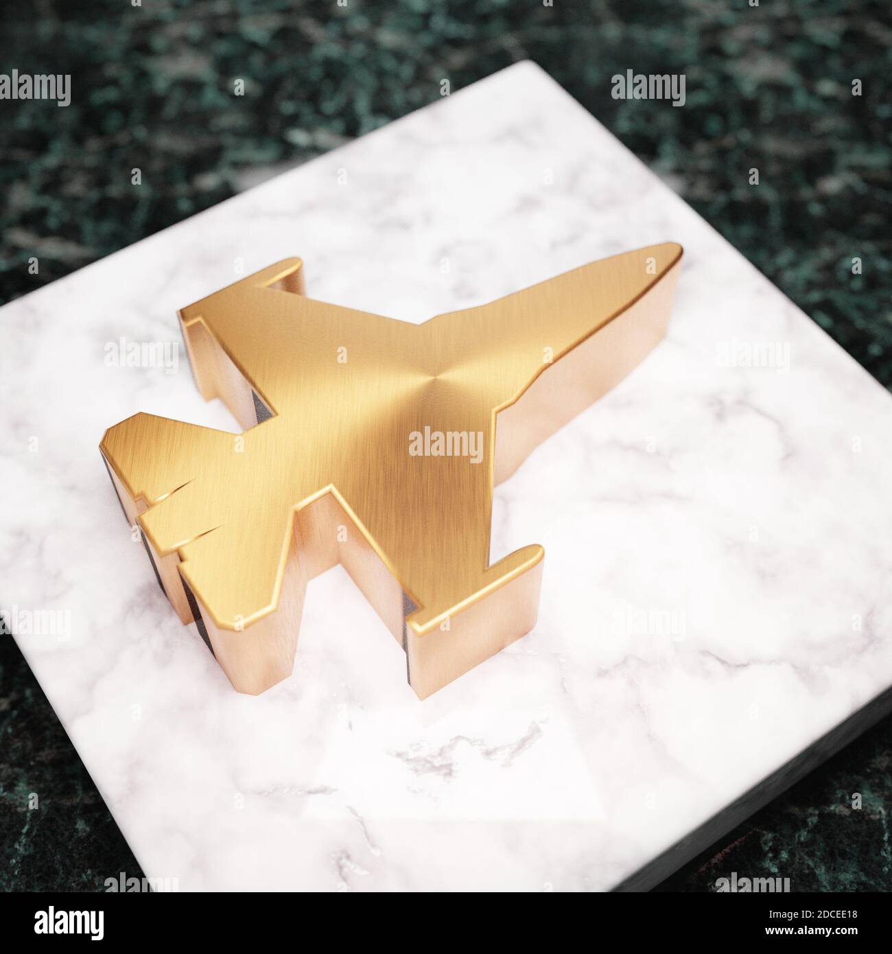 Fighter Jet icon. Bronze Fighter Jet symbol on white marble podium ...