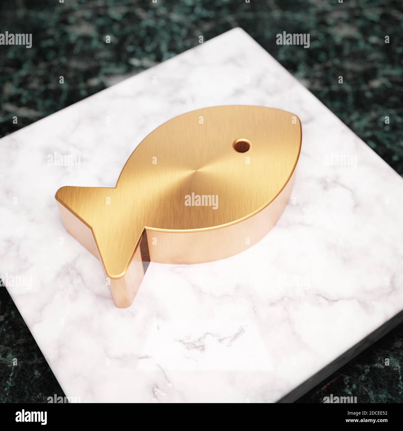 Fish icon. Bronze Fish symbol on white marble podium. Icon for website ...