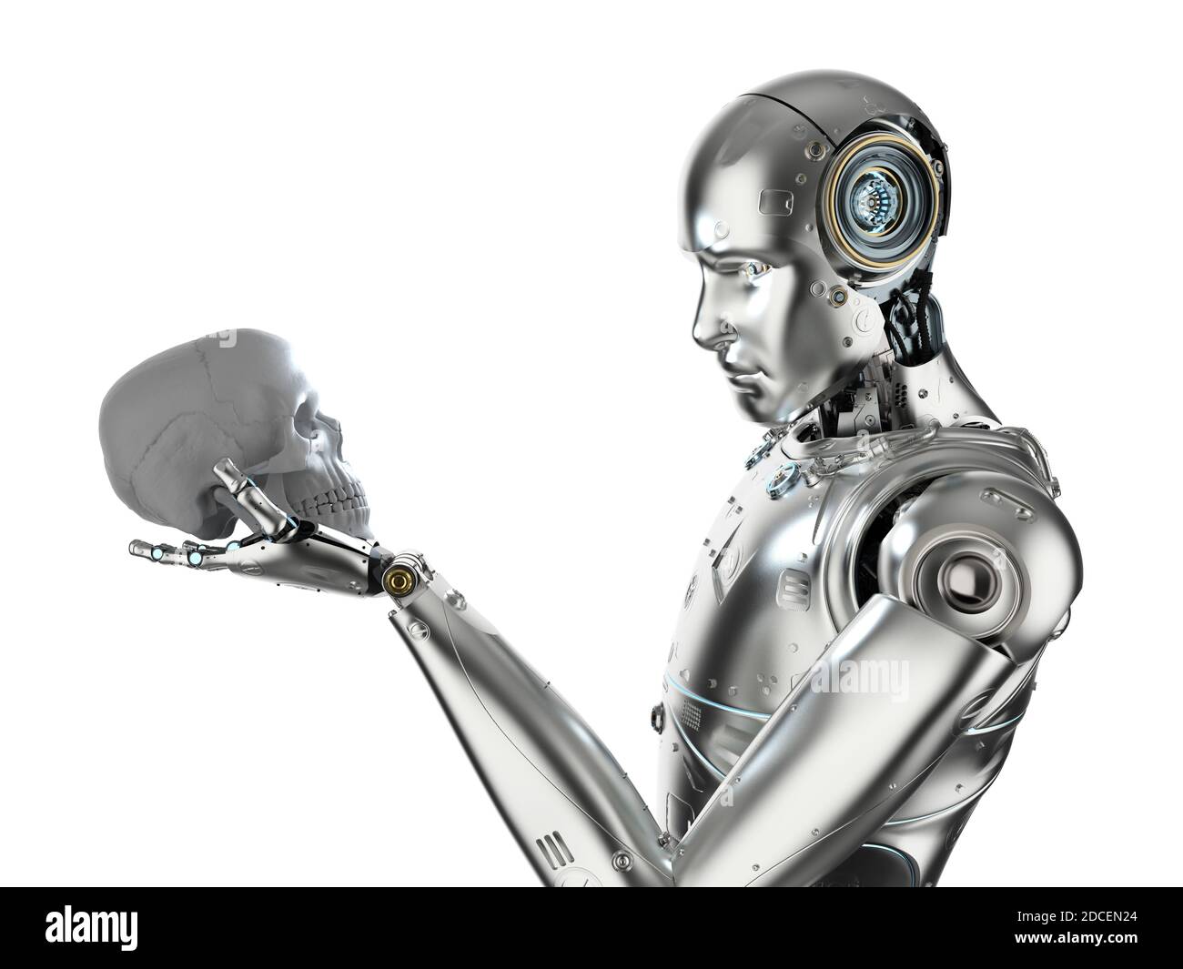 3d rendering cyborg starring at human skull Stock Photo - Alamy