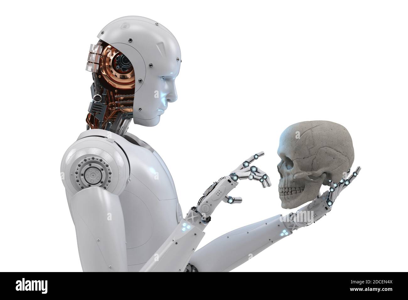 3d rendering cyborg starring at human skull Stock Photo - Alamy