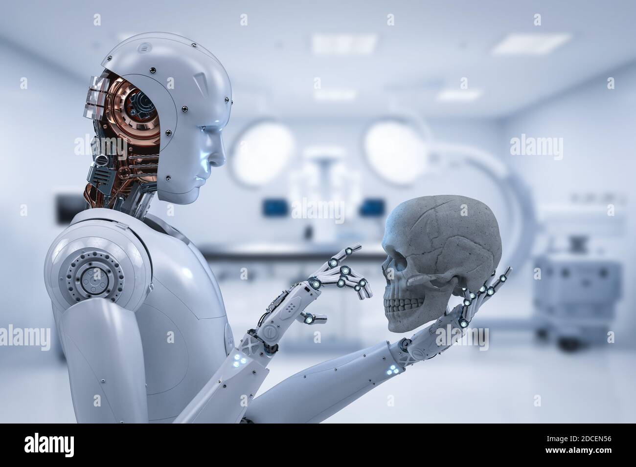3d rendering cyborg starring at human skull Stock Photo - Alamy
