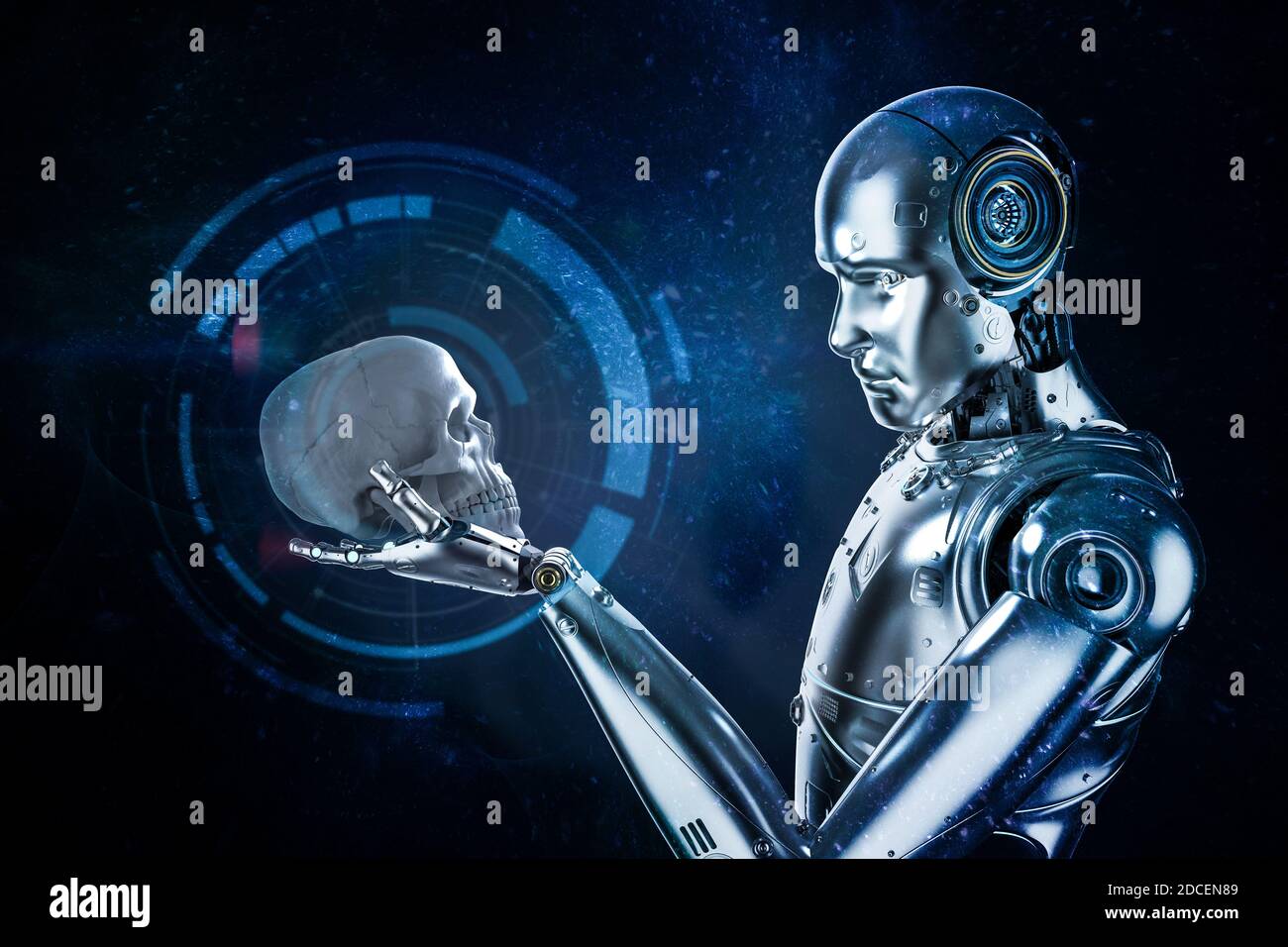 3d rendering cyborg starring at human skull Stock Photo - Alamy