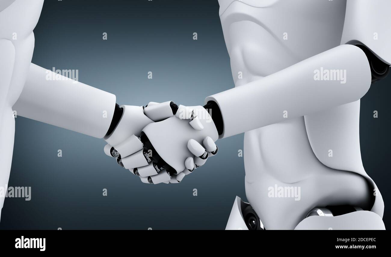 3D rendering humanoid robot handshake to collaborate future technology development by AI ...