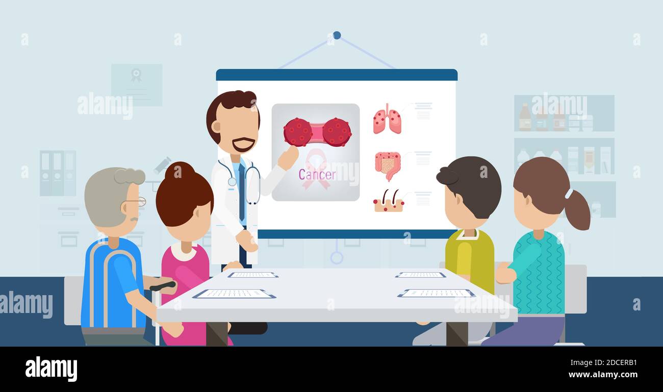 Cancer awareness concept with doctor and patients flat design vector ...