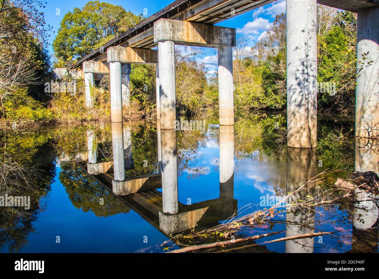 Reflection of a bridge in a calm river with blue skies Stock Photo - Alamy