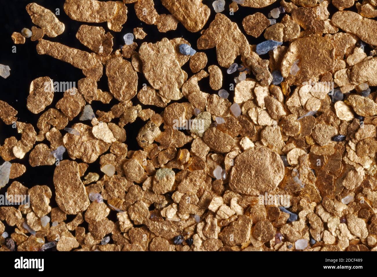 Macro photo of raw alluvial placer gold. Smaller raw gemstones ...