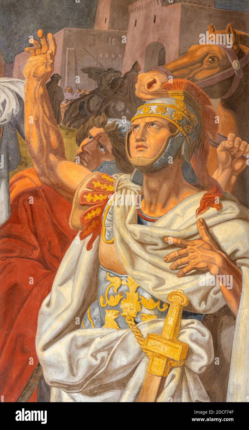 VIENNA, AUSTIRA - OCTOBER 22, 2020: The detail of fresco of Crucifixion ...