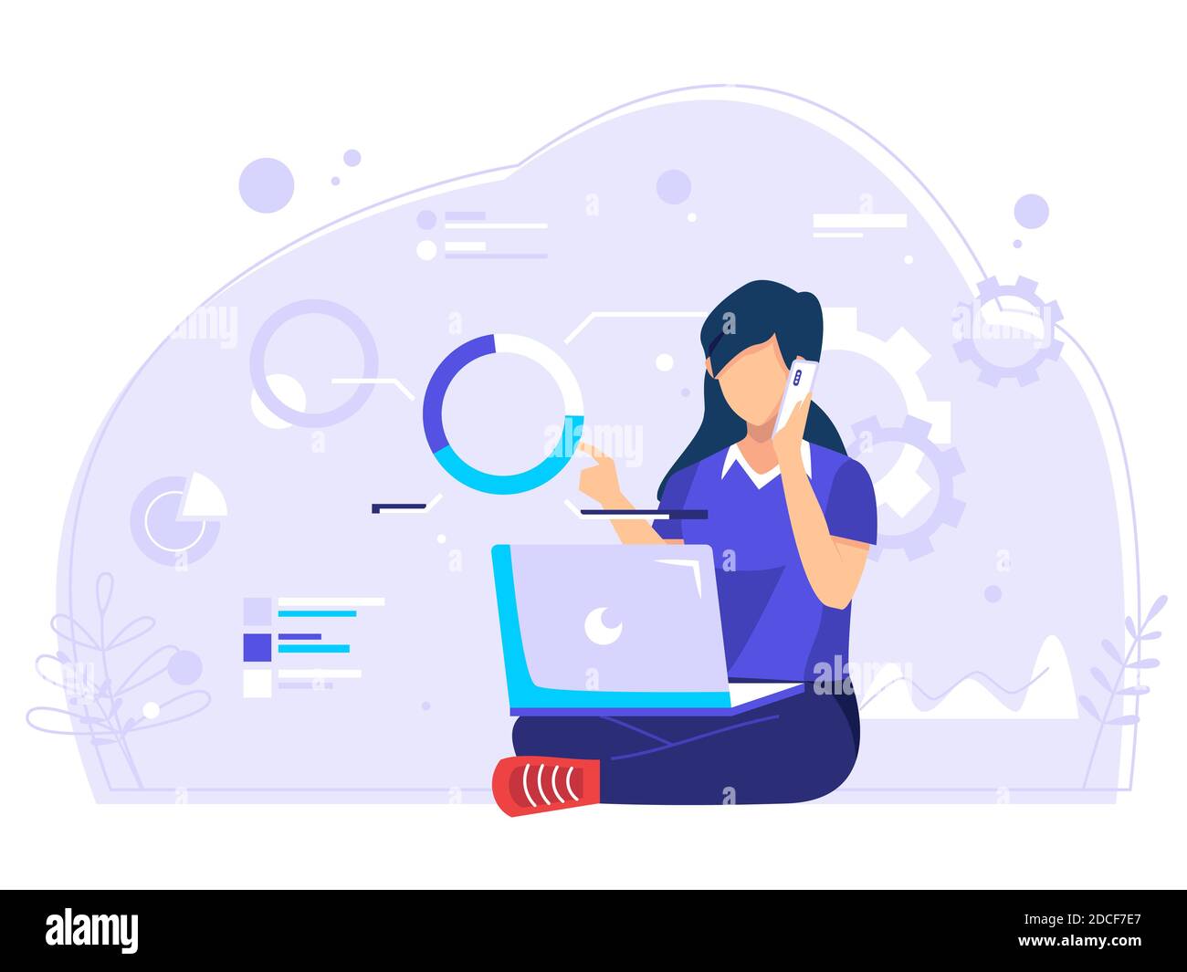 Woman sitting holding cell phone and laptop. digital online work ...