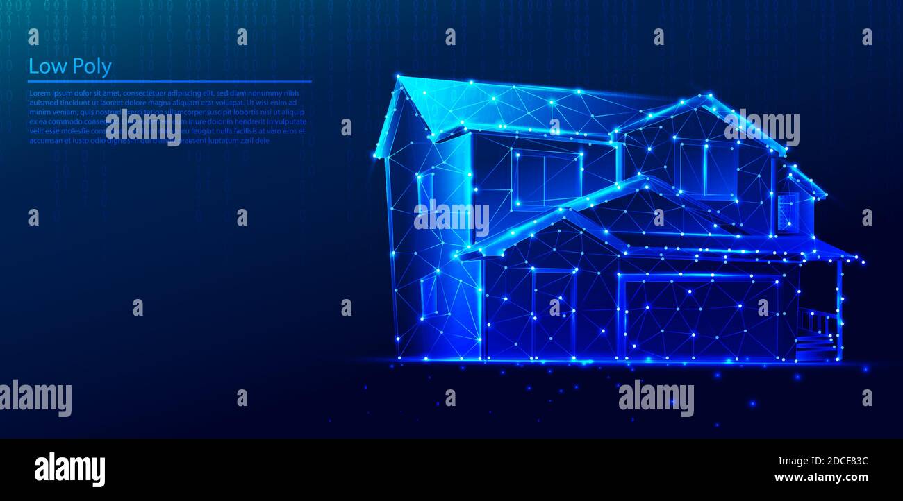 Polygonal mansion or house on dark blue tech background, triangles and ...
