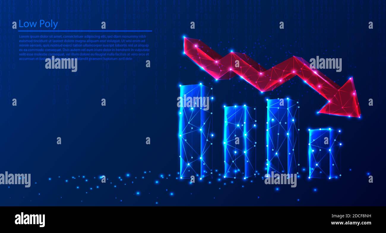 Polygonal growth charts and red arrow decreasing on dark blue tech ...