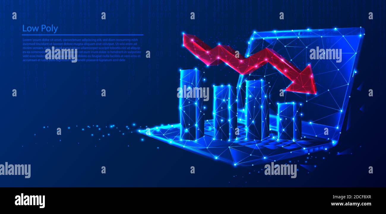 Polygonal laptop with growth charts and red arrow decreasing on dark ...