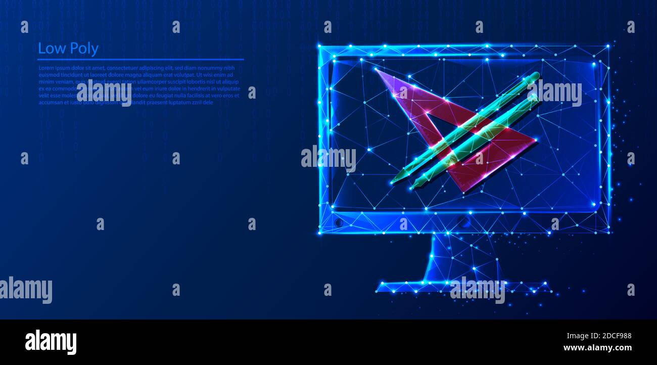 Polygonal computer with centimeter and pen with pencil on dark blue ...