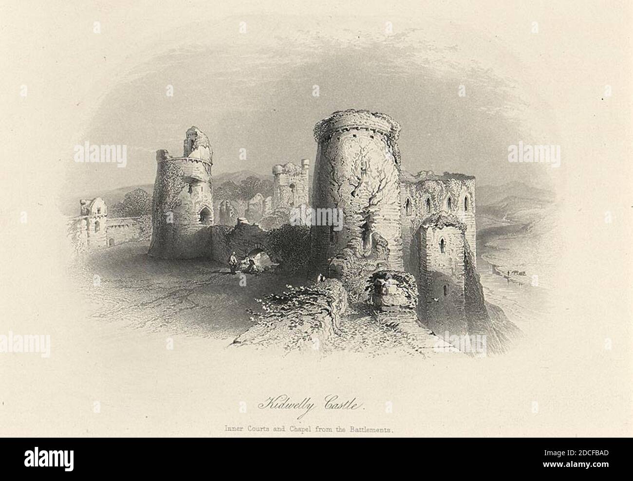 Kidwelly Castle - Inner Courts and Chapel from the Battlements Stock ...