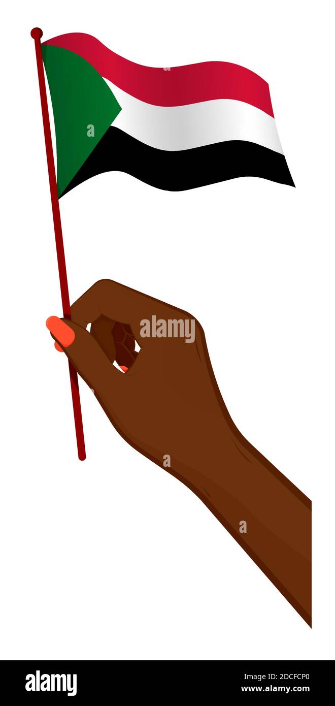 Female hand gently holds small flag of republic of Sudan. Holiday ...