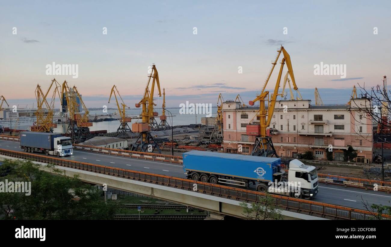 Port cargo terminals and elevated road with cargo vehicle traffic of ...