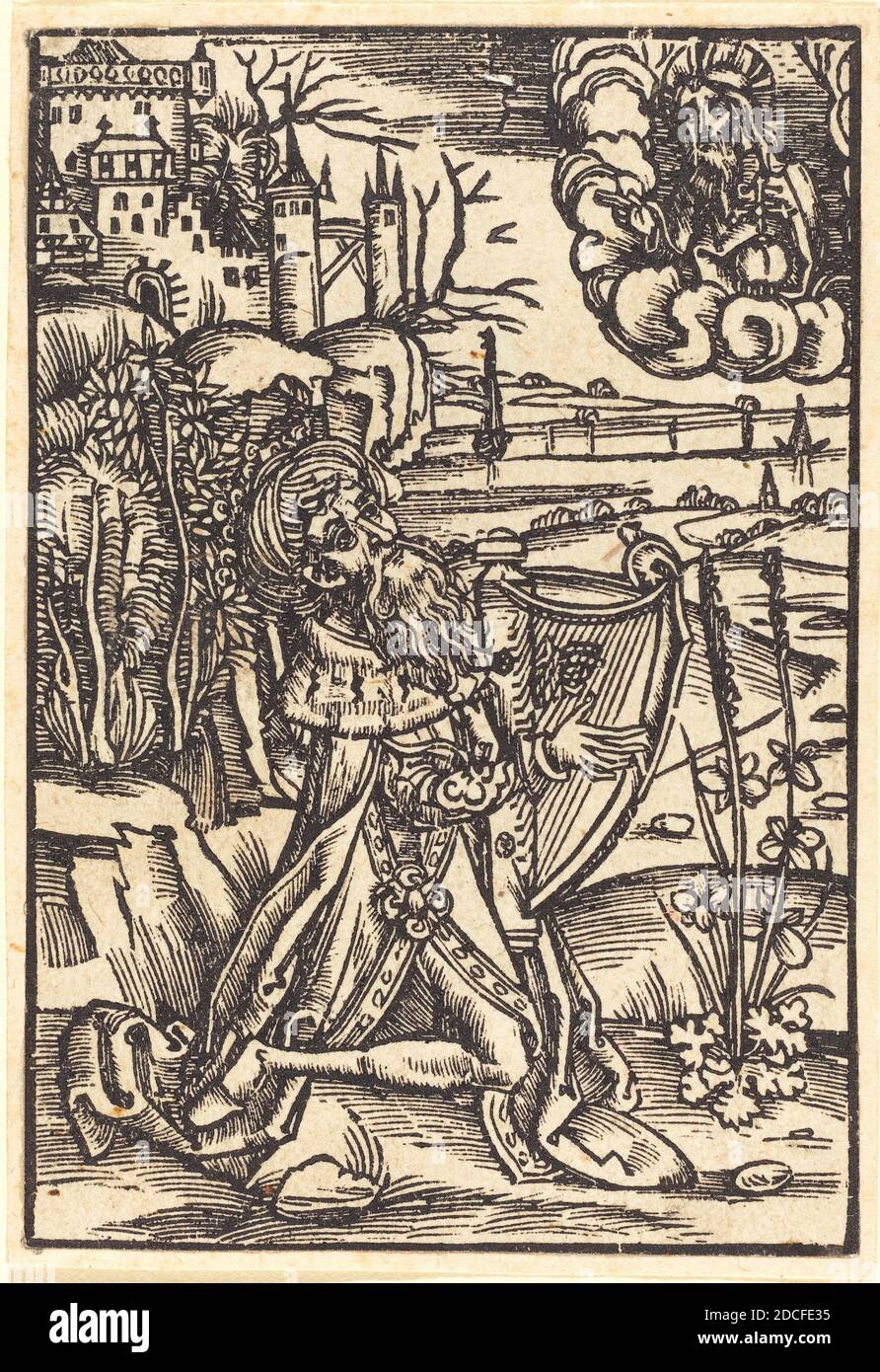 German 15th Century, (artist), David Playing the Harp, c. 1500, woodcut ...
