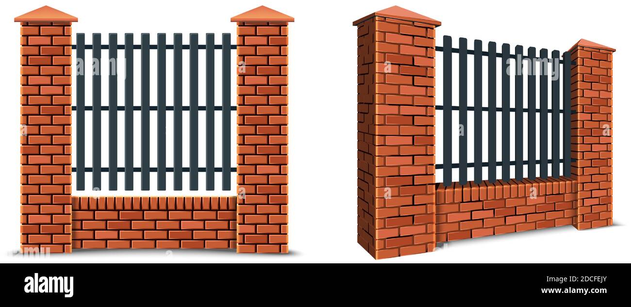 3d realistic vector set of red brick fence, isolated on white ...