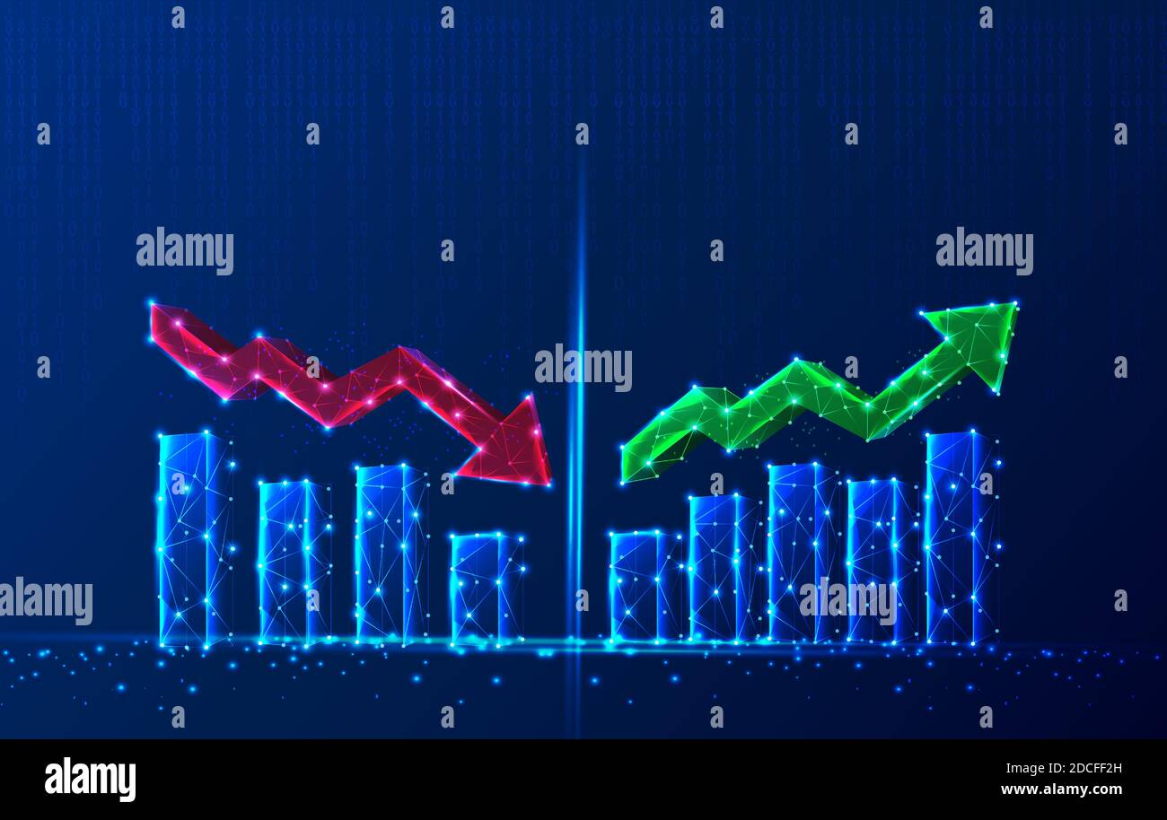 Vector tech polygonal growth chart with going down red arrow and going ...