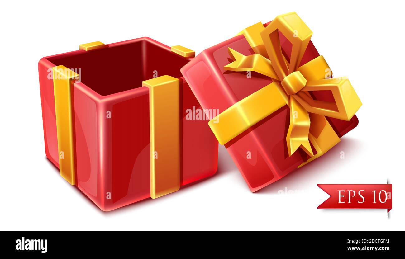 vector cartoon style red celebration box with golden ribbons opened ...
