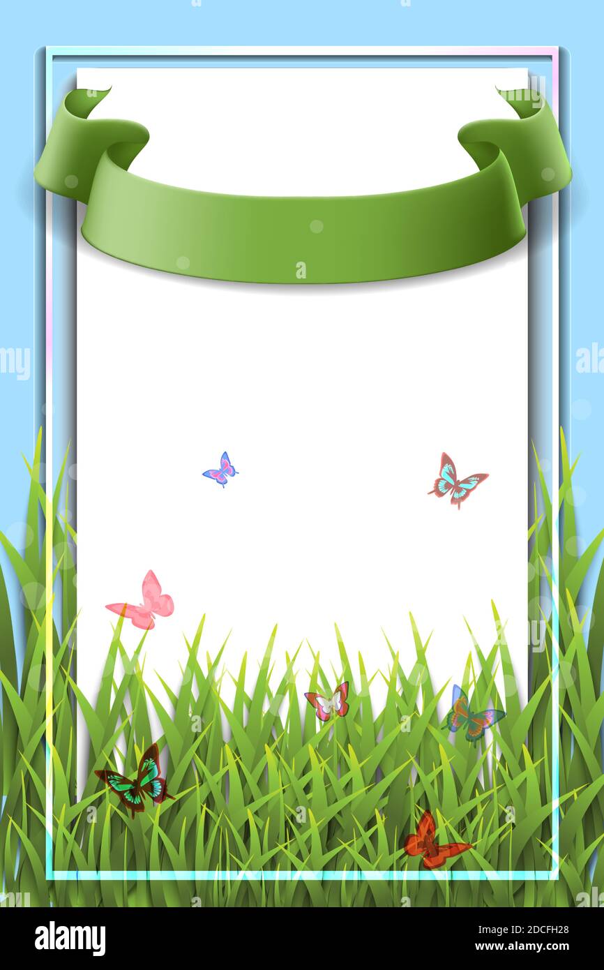 Vector spring summer banner with grass and butterflies with a white ...