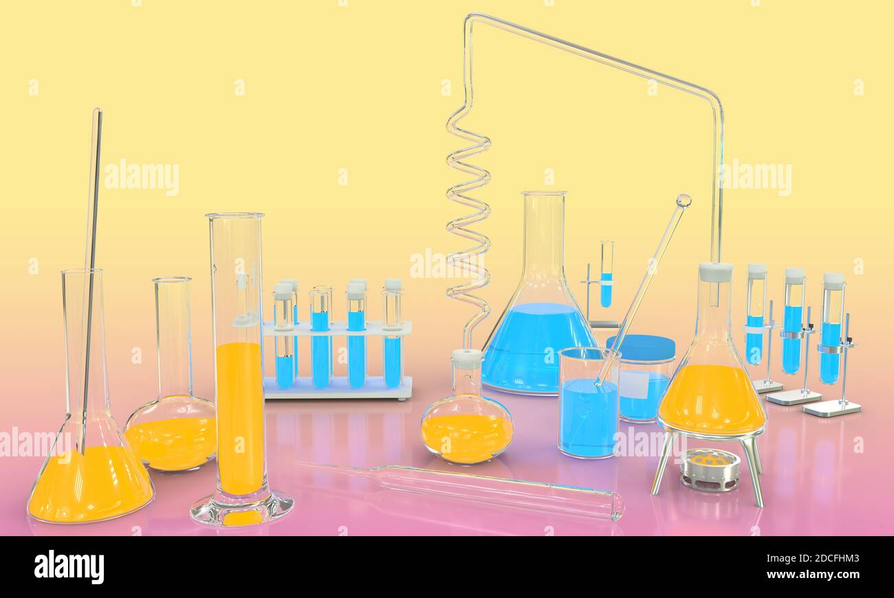laboratory test tubes and other biochemistry glassware with blue and ...