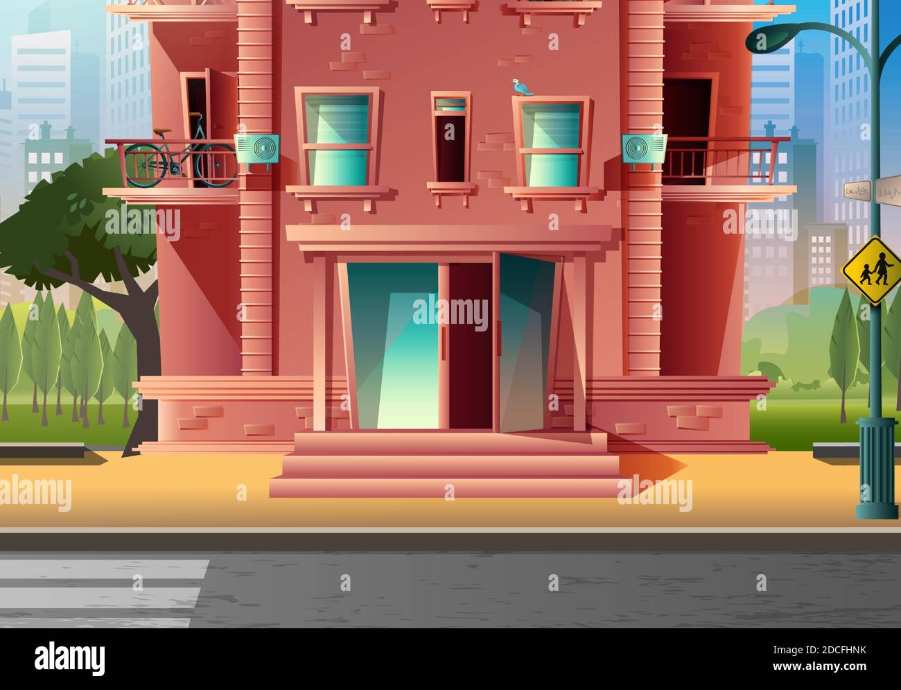 Vector entrance of cartoon style modern multi-storey building ...