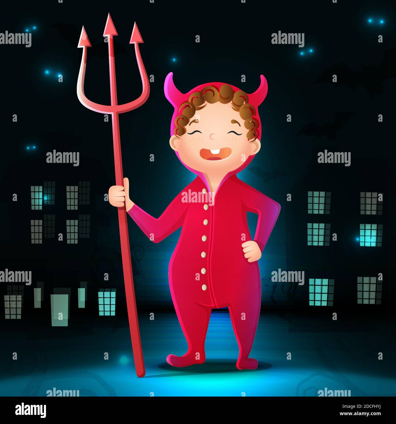 Vector collection of cartoon Halloween character devil with dark city ...