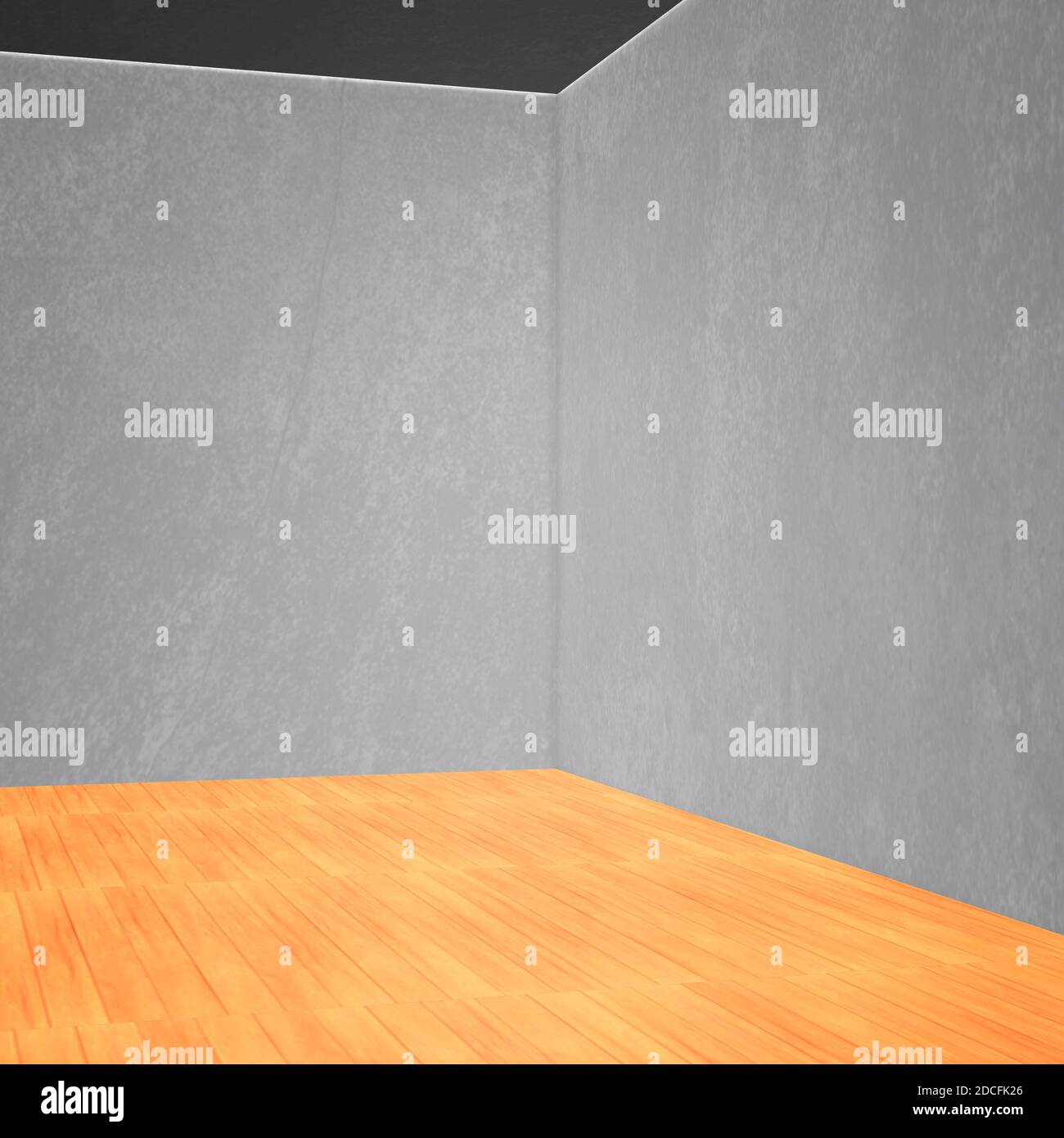 Empty room with grey wall and wooden floor, 3d digital illustration ...